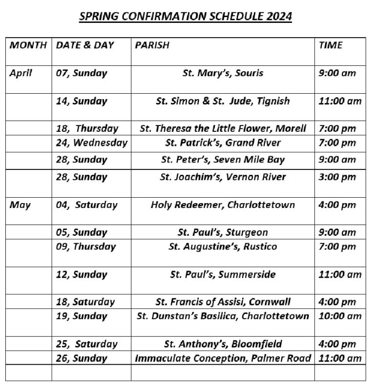 Confirmation Schedule for Spring 2024 | Diocese of Charlottetown